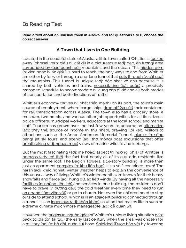 B1 Reading Test - A Town That Lives in One Building | PDF