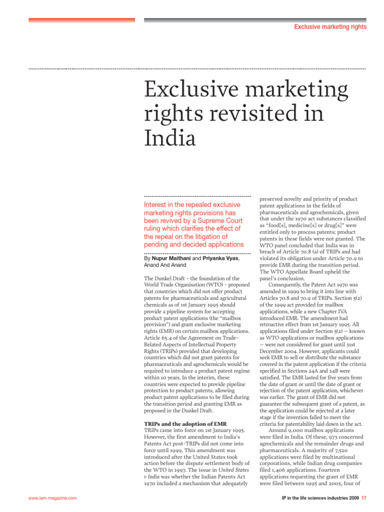 Exclusive Marketing Rights Revisited in India | PDF | Trips Agreement ...