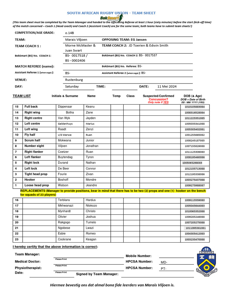 South Africa Rugby Team Sheet Template | PDF | Ball Games | Rugby Football