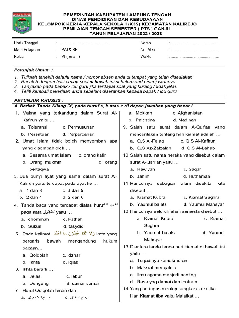 Mid Pai Kelas 6 Semester Ganjil 2022-2023 | PDF
