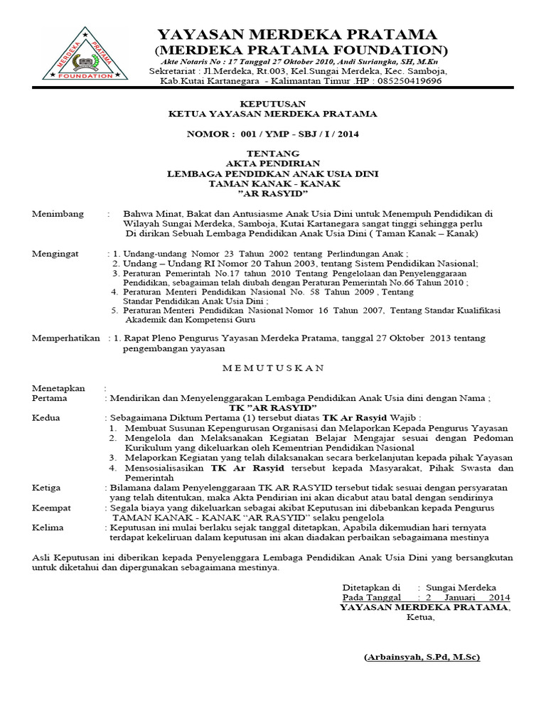Akta Pendirian TK Ar Rasyid Sungai Merdeka | PDF