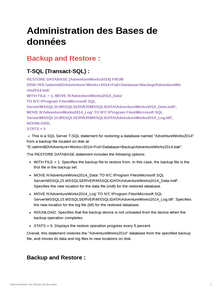 Administration Des Bases de Données | PDF | Backup | Databases