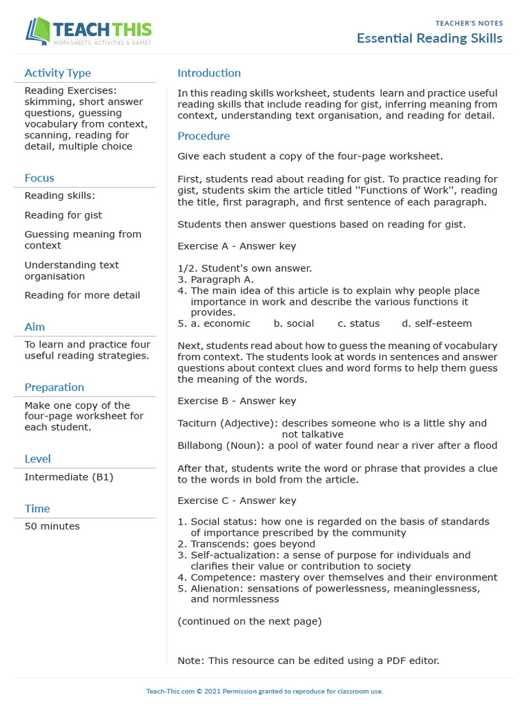 Essential Reading Skills | PDF | Self Esteem | Word