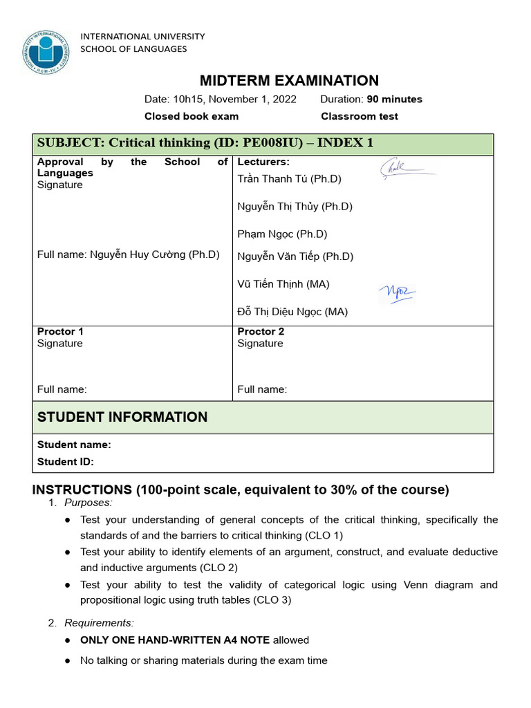 Critical Thinking - Midterm (Sem 1 - 2022-2023) - Index 1 - Answer Key | PDF | Argument ...