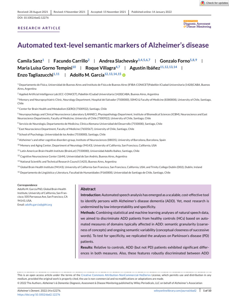 Alz Dem Diag Ass Dis Mo - 2022 - Sanz - Automated Text Level Semantic Markers of Alzheimer S ...