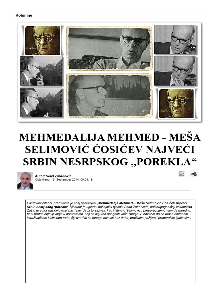 Mehmedalija Meša Selimović - Ćosićev Najveći Srbin Nesrpskog - Porekla ...