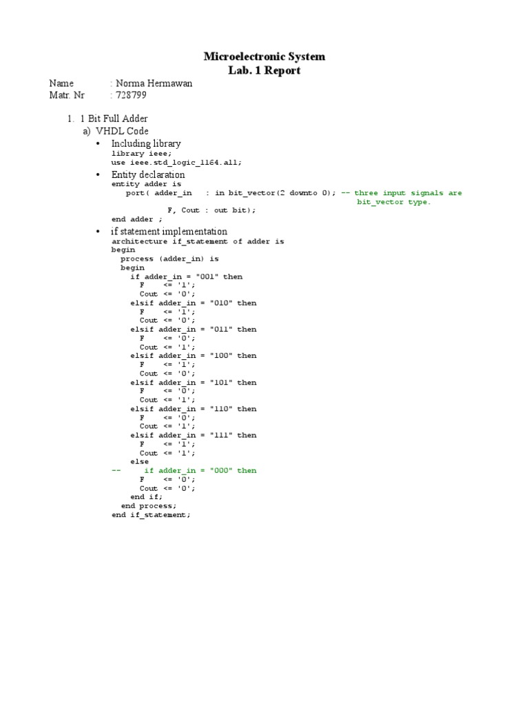 Microelectronic System Lab. 1 Report | PDF | Vhdl | Computer Engineering