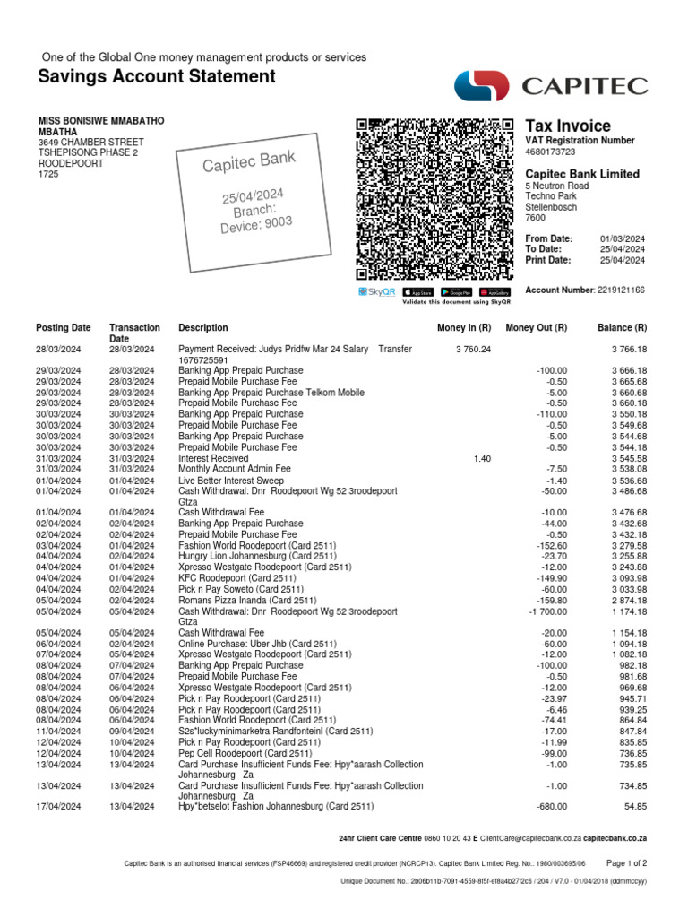 Capitec Bank Savings Account Statement | PDF | Stored Value Card | Banks