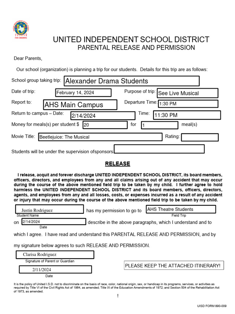UISD Field Trip Parental Permission Form | PDF | Justice | Crime & Violence