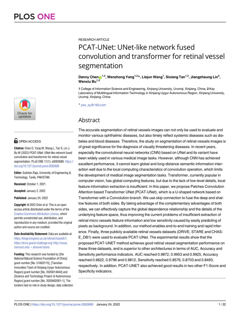 PCAT-UNet - UNet-like Network Fused Convolution and Transformer For Retinal Vessel Segmentation ...