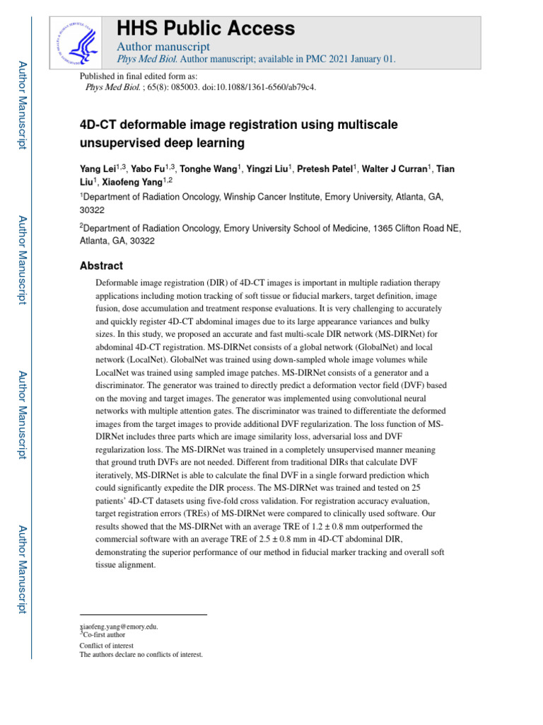 Nihms 1655518 4d Ct Deformable Image Registration Using Multiscale Unsupervised Deep Learning