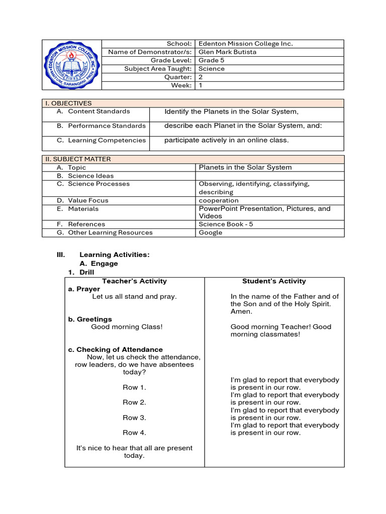 Detailed Lesson Plan in Science | PDF | Planets | Solar System