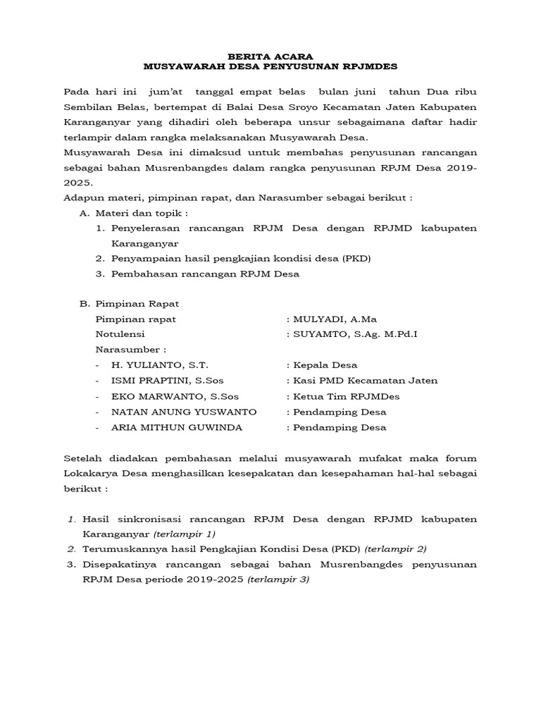 Berita Acara Musdes Rpjmdes 1 | PDF
