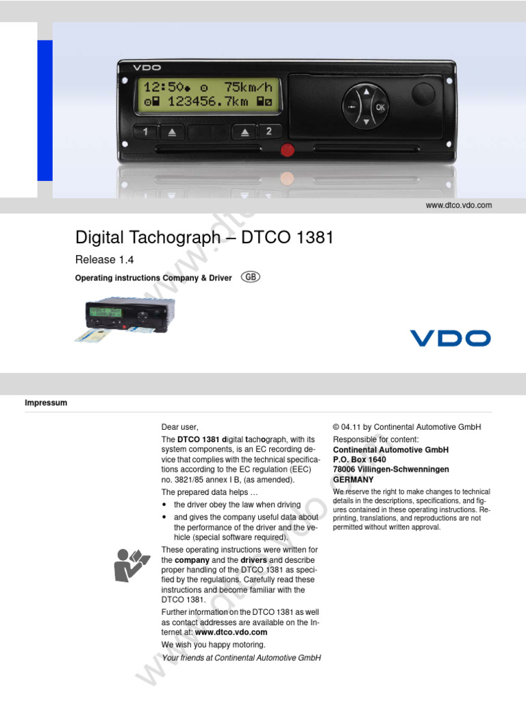 Vdo 1381 2.0 Digital Tachograph Instructions | PDF
