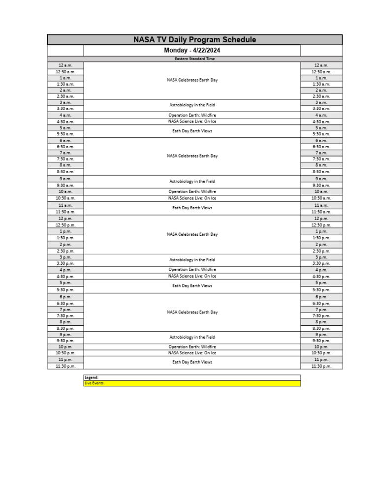 Nasa TV Schedule For Week of 4 22 2024 | PDF | Nasa | Space Shuttle Program
