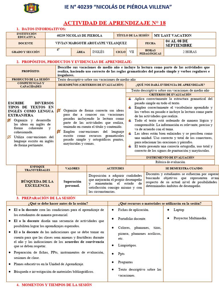 Mi Última Vacación en Inglés | PDF | Evaluación | Aprendizaje