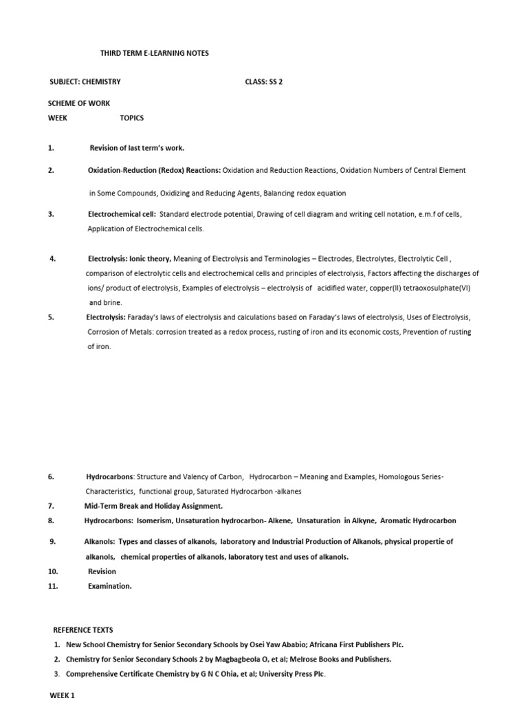 SS2 Chemistry 3rd Term Lesson Note PDF | PDF | Electrochemistry | Electrolyte