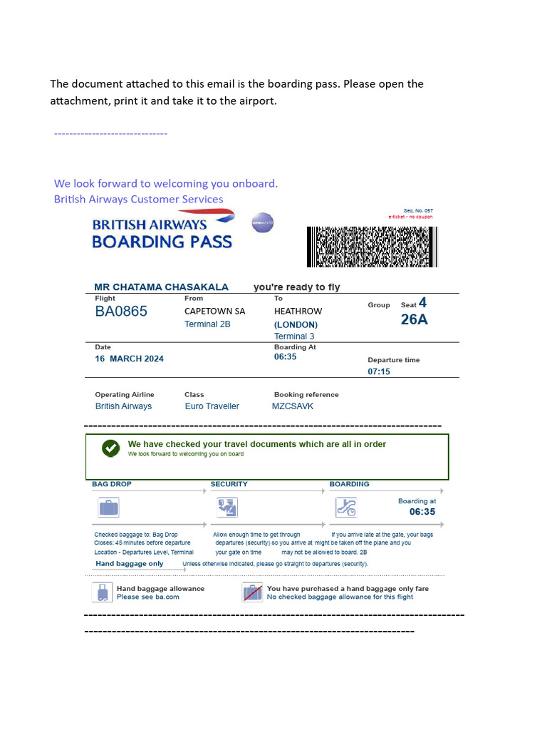 Boarding Pass For MR Chatama Chasakala. Ba0865bud LHR March2024 | PDF ...