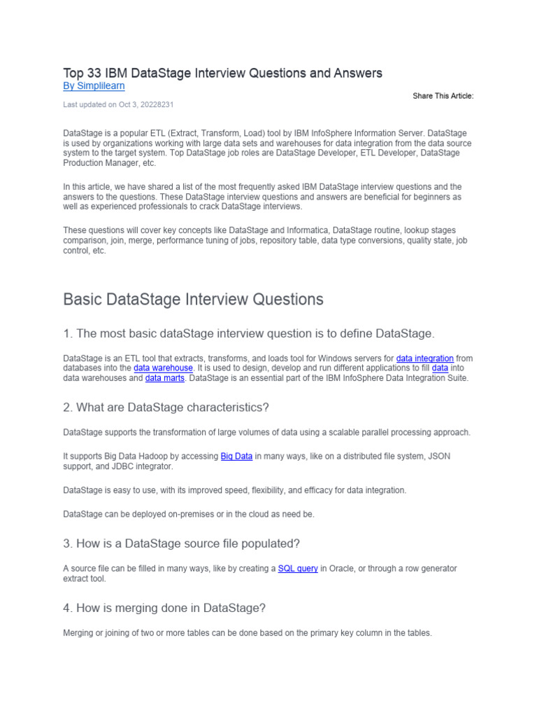 Top 33 IBM DataStage Interview Questions and Answers | PDF | Information Technology | Computer ...
