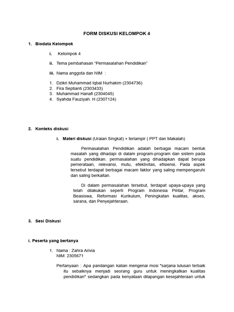Form Diskusi Kelompok 4 Materi "Permasalahan Pendidikan" | PDF
