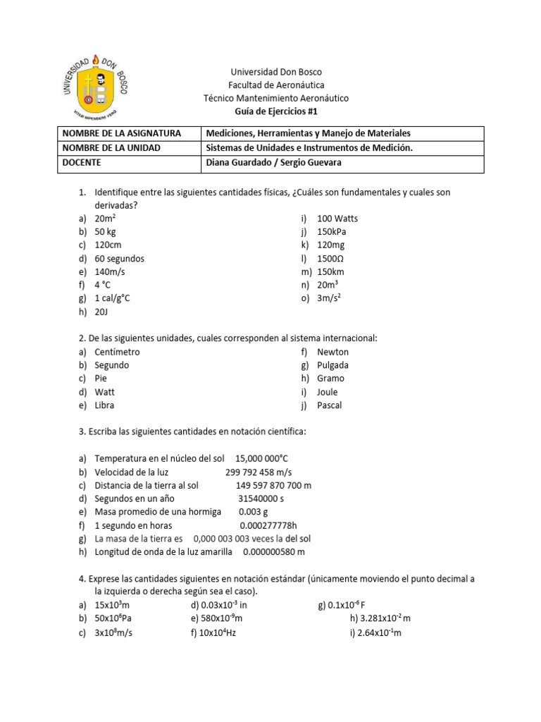 Guia de Ejercicios_Unidad 1_MHM471 | PDF | Metrología | Cantidad