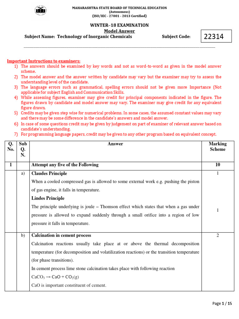 2018 Winter Model Answer Paper | PDF | Refractory | Fertilizer