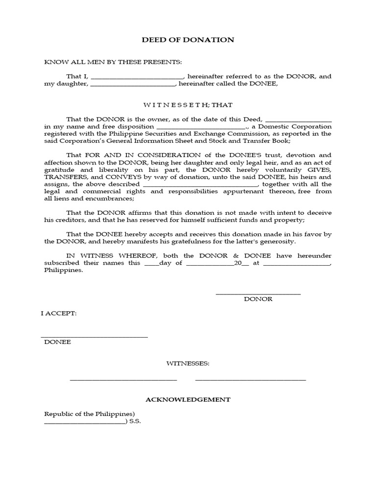 DEED OF DONATION TEmplate | PDF | Deed | Private Law