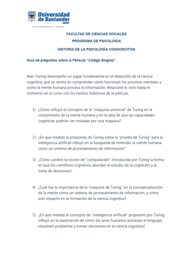 Guía de Preguntas Sobre La Película "Código Enigma" | PDF | Cognición ...