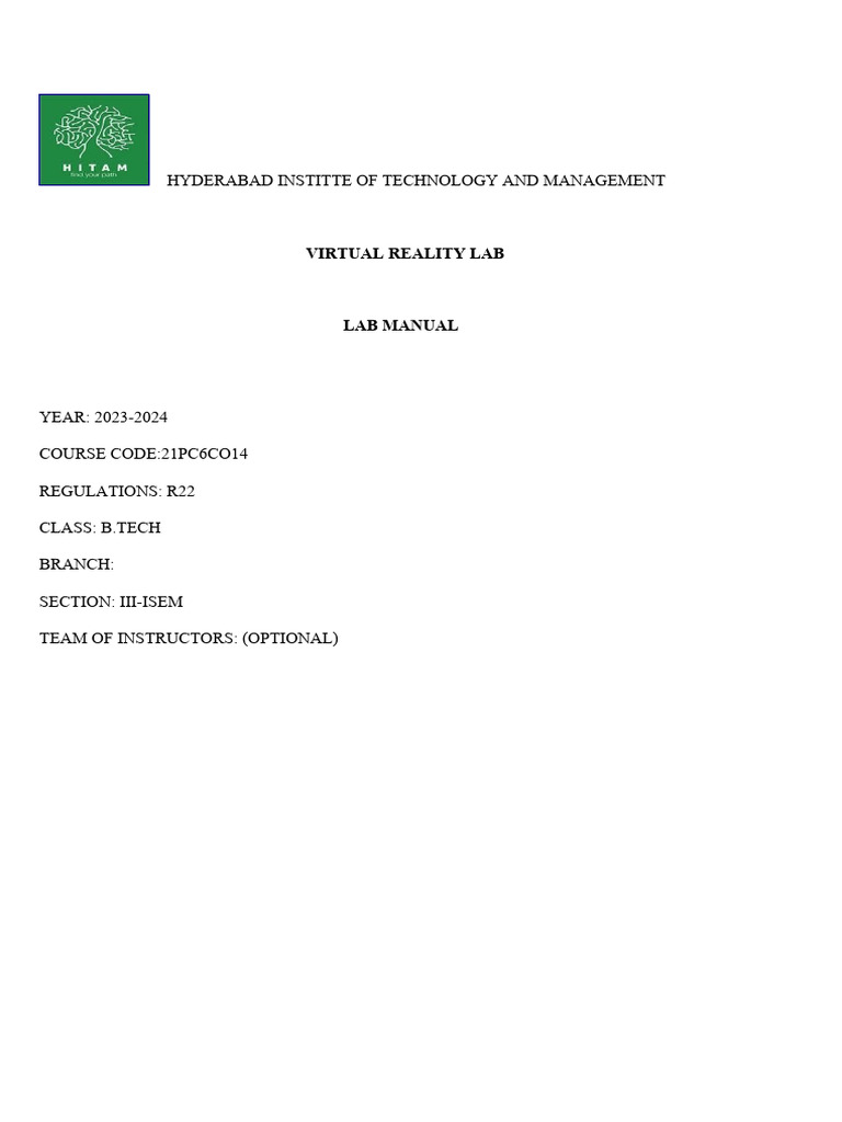 Virtual Reality Lab Manual 2023-24 | PDF | Augmented Reality | Virtual ...