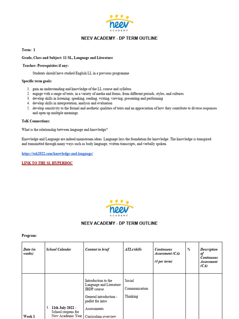 DP Term 1 - 2023-24 Grade 11 - SL | PDF