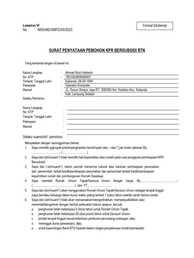 Surat Pernyataan KPR Subsidi BTN | PDF