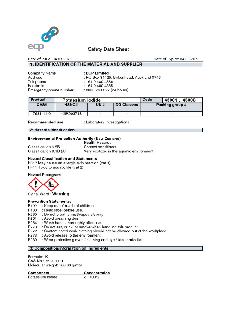 SDS Potassium Iodide 4300 EXP 2026.03 | PDF | Occupational Safety And Health | Safety