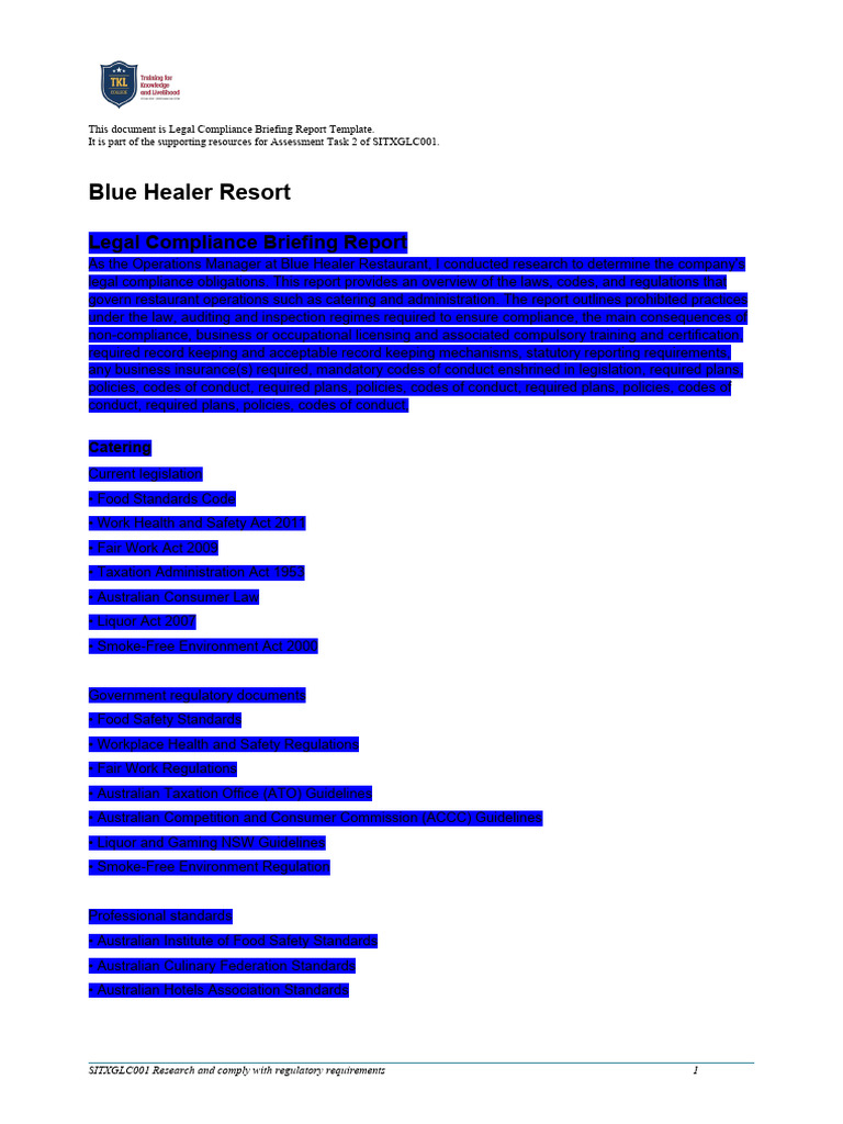 Legal Compliance Report Template | PDF | Food Safety | Regulatory ...