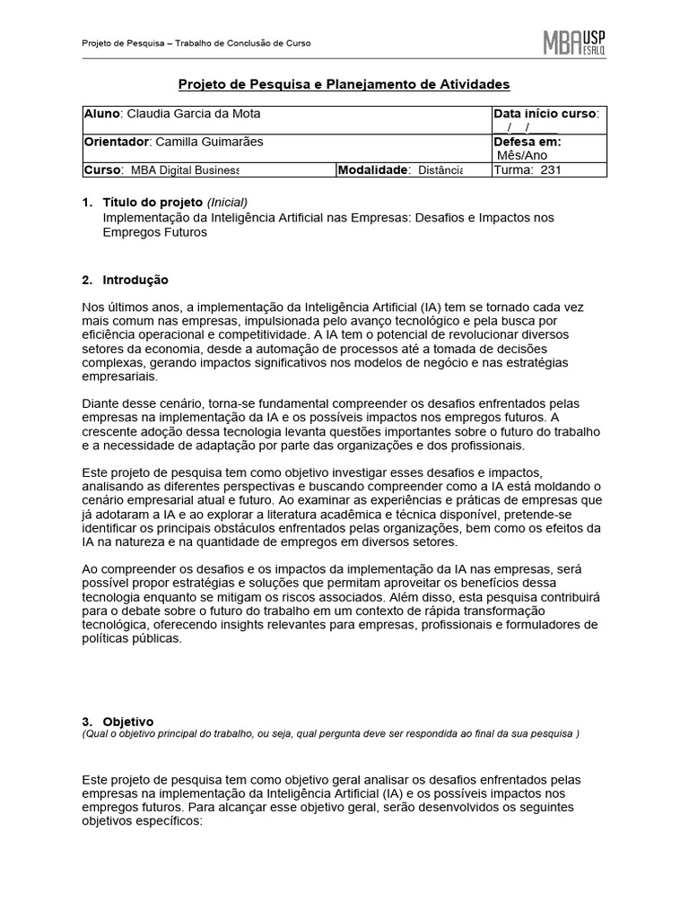 Projeto de Pesquisa - TCC - Mba Usp Esalq | PDF | Inteligência artificial | Inteligência ...
