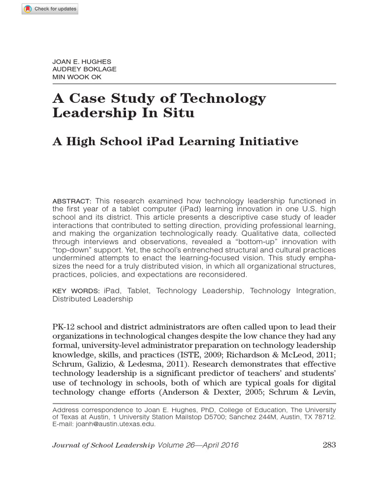 A Case Study of Technology Leadership in Situ A High School Ipad ...