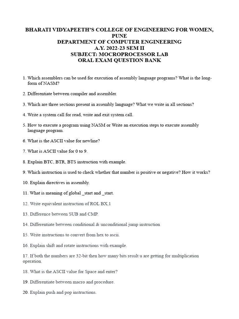 Microprocessor Oral Exam Question Bank | PDF | Assembly Language | Computer Architecture