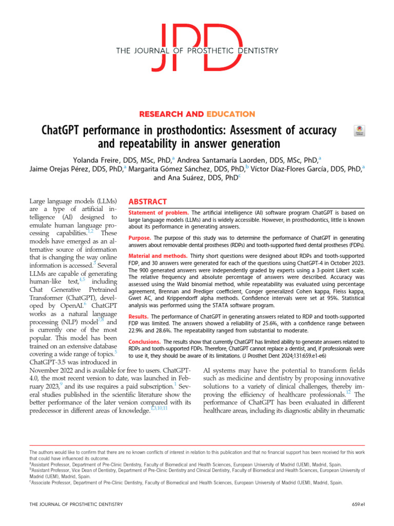 ChatGPT Performance in Prosthodontics Assessment | PDF | Dental Implant ...