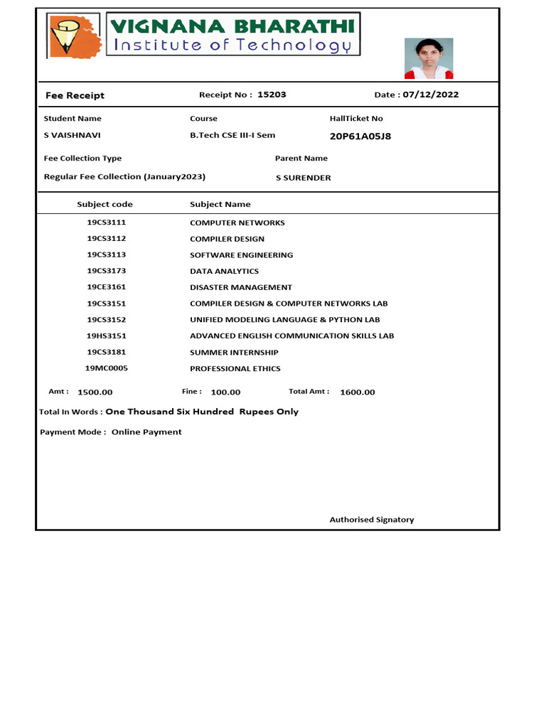 B.Tech CSE Fee Receipt - January 2023 | PDF | Technology & Engineering