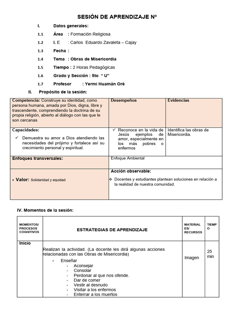 Sesion de Aprendizaje Las Obras de Misericordia | PDF | Maestros | Misericordia