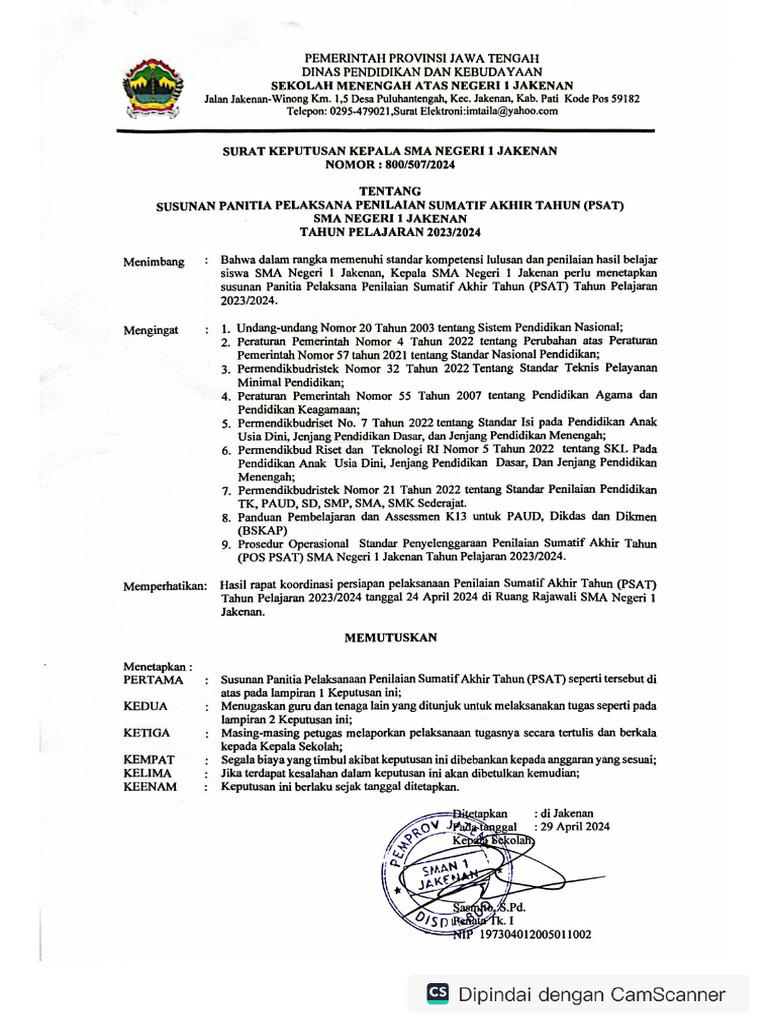 SK Susunan Panitia Pelaksana Penilaian Sumatif Akhir Tahun (PSAT) SMA N ... SK Susunan Panitia Pelaksana Penilaian Sumatif Akhir Tahun (PSAT) SMA N ...