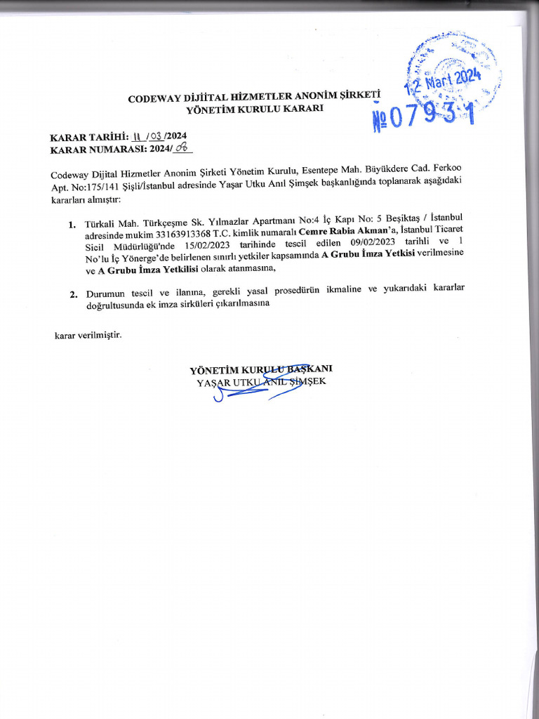 Codeway Dijital - Sınırlı Temsilci Atama YKK-11.03.2024 | PDF