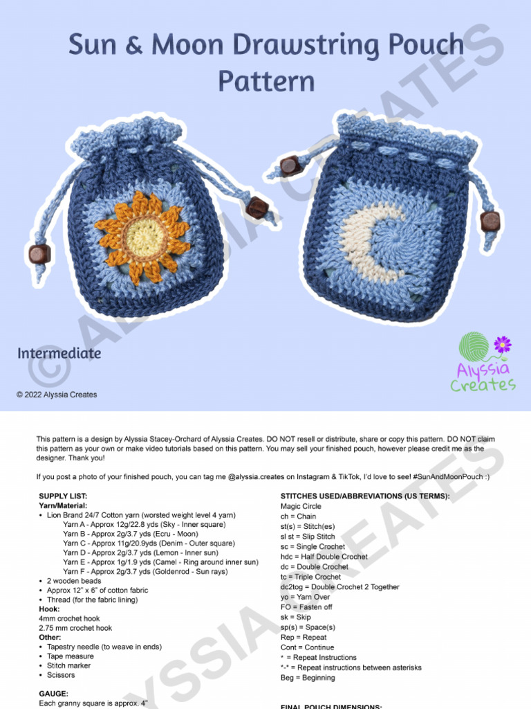 Sun and Moon Drawstring Pouch Pattern - Alyssia Creates | PDF