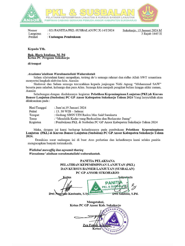 Surat Undangan Pembukan PKL Susbalan - Pergunu SKH | PDF