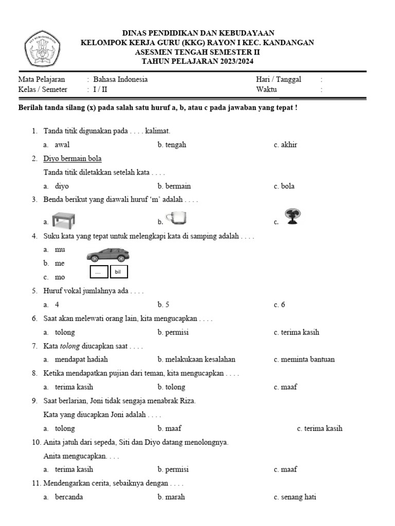Soal Pts Genap B.indo Kls 1 | PDF