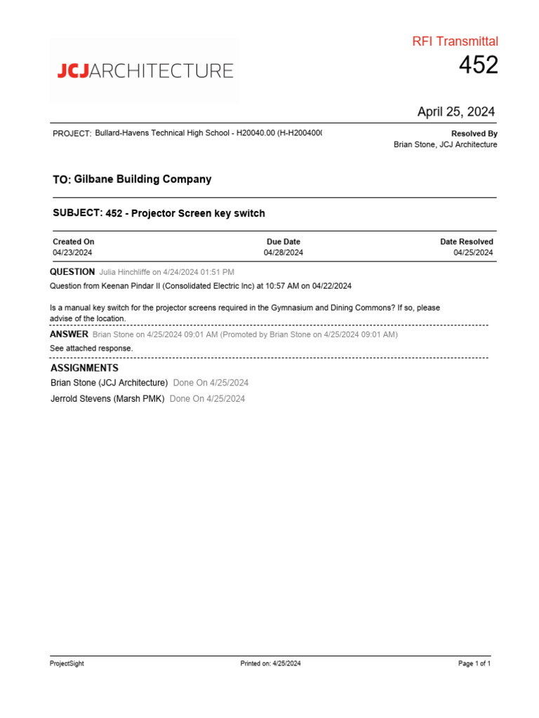 RFI 452 - Projector Screen Key Switch-JCJ Response | PDF