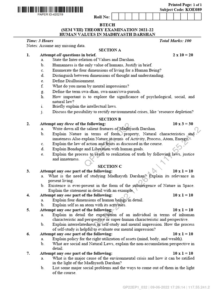 Btech Oe 8 Sem Human Values and Madhyasth Darsan Koe089 2022 | PDF ...