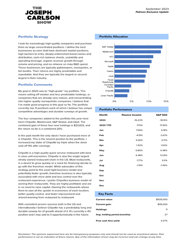 Joseph Carlson Portfolio Sep 2023 | PDF | Monopoly | Money