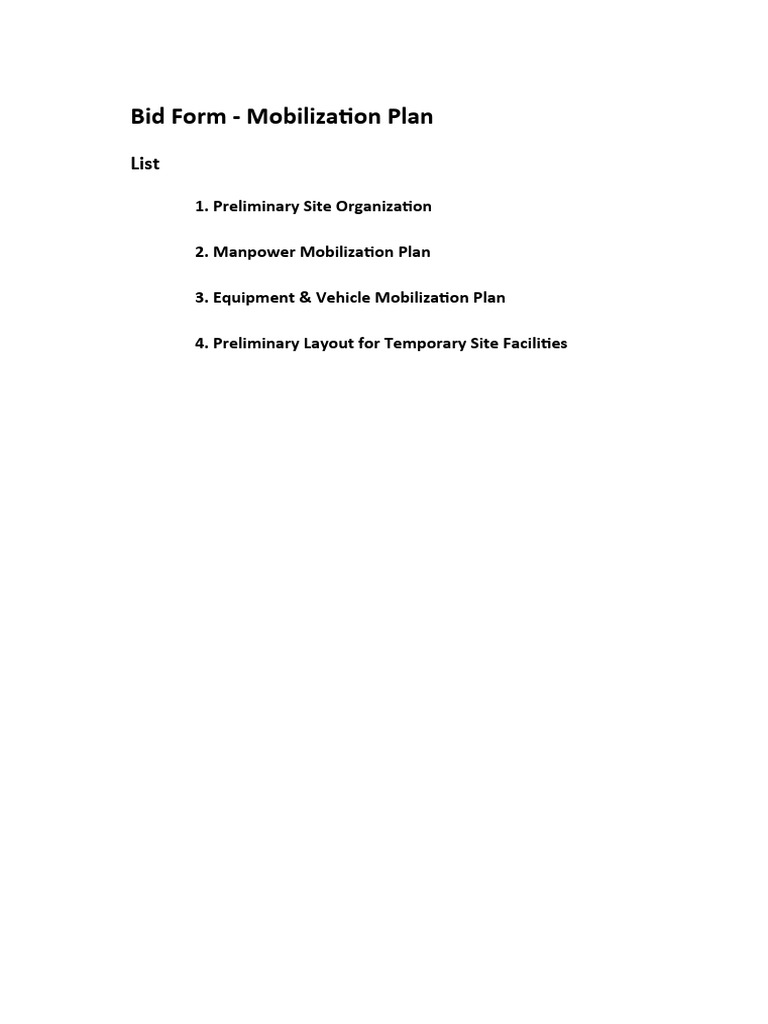 Bid Form 02 Mobilization Plan | PDF | Motor Vehicle | Vehicles