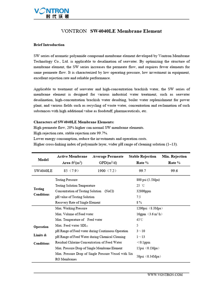 Vontron SW4040LE Membrane Overview | PDF | Membrane | Water