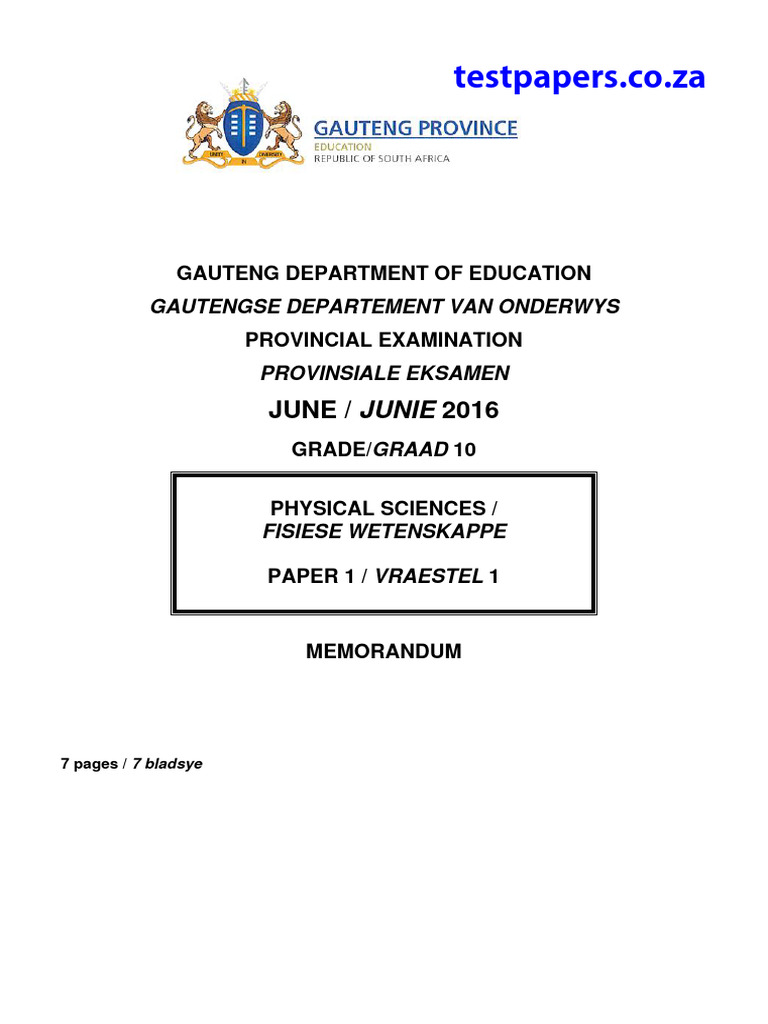 Gr10 Phy P1 (English and Afrikaans) June 2016 Possible Answers | PDF | Waves | Physical Phenomena